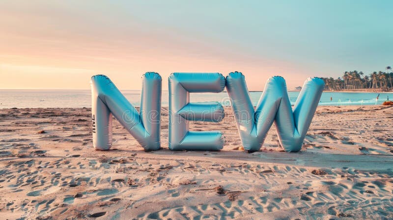 New Beginnings: Giant Inflatable Letters on a Serene Beach at Sunset ...