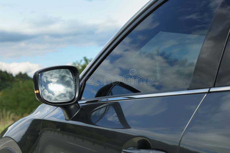 New Black Modern Car Outdoors, Closeup of Side Rear View Mirror Stock ...