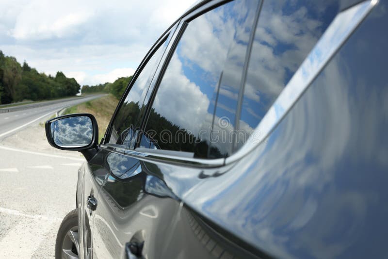 New Black Modern Car Outdoors, Closeup of Side Rear View Mirror Stock ...