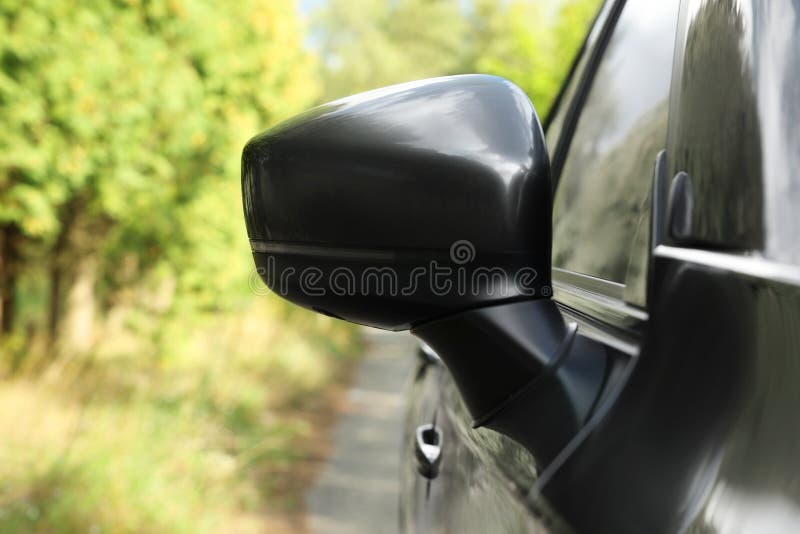New Black Modern Car Outdoors, Closeup of Side Rear View Mirror Stock ...
