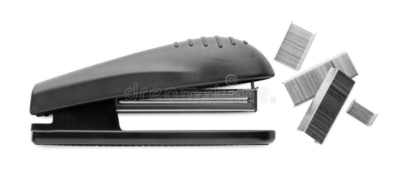 New Black Stapler with Staples Isolated on White, Top View Stock Photo - Image of device ...