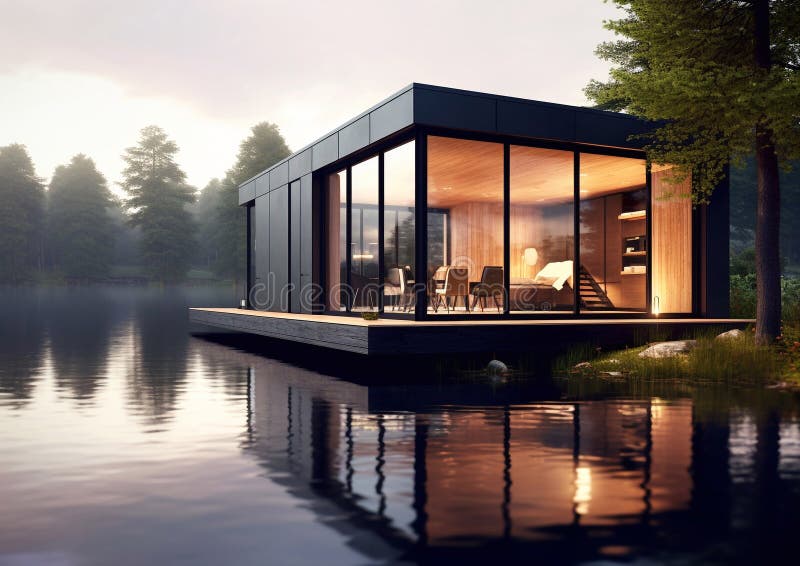 New Black Tiny Home with Modern Interior Design Next To Lake on Summer ...