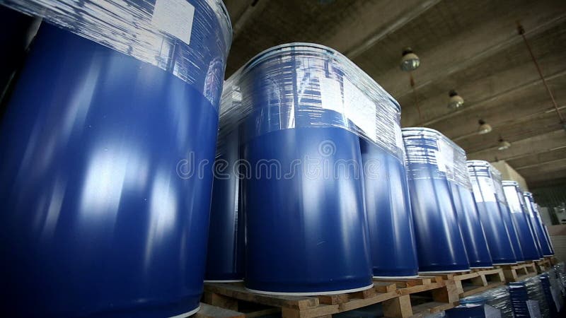 New Blue Barrels Inside a Storage Warehouse. Stock Video - Video of ...