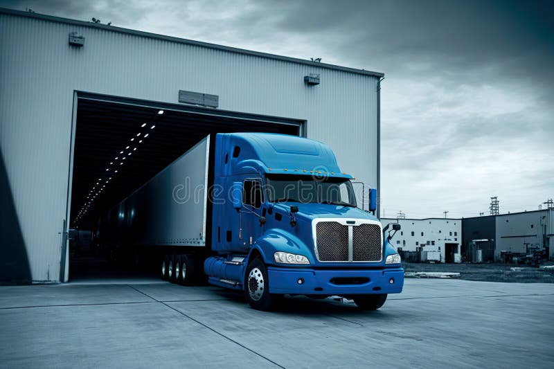 New Blue Cargo Truck Leaving Warehouse with Cargo Stock Illustration ...