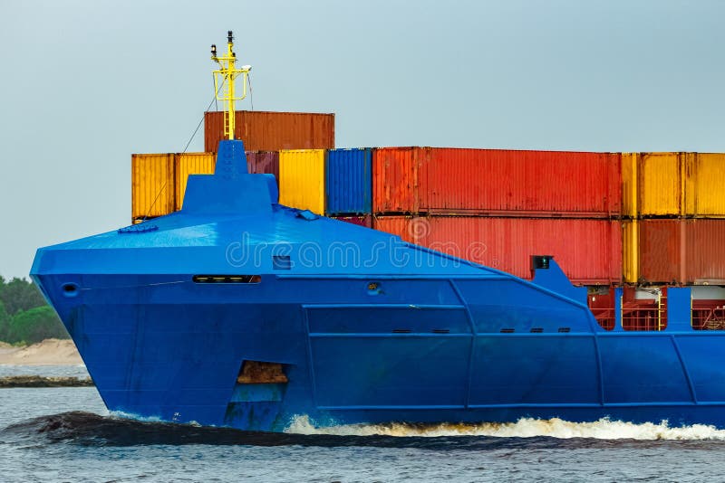 Blue Container Ship Underway Stock Image - Image of square, metal ...