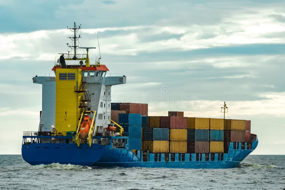 New blue container ship stock photo. Image of sailing - 99716008