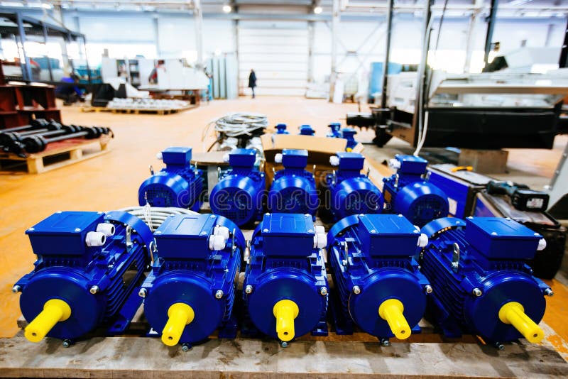 New Blue Electric Motors in the Factory for Assembling Stock Photo ...