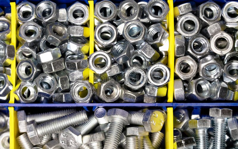 Closeup New Bolts and Nuts Sorted in Container Shot Stock Image - Image ...
