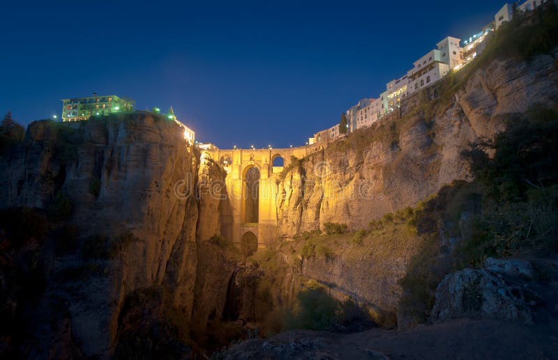 New Bridge at Night, Ronda, Spain Stock Photo - Image of panorama ...