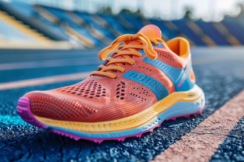 New Bright Colored Running Shoe on Stadium Track Stock Image - Image of ...