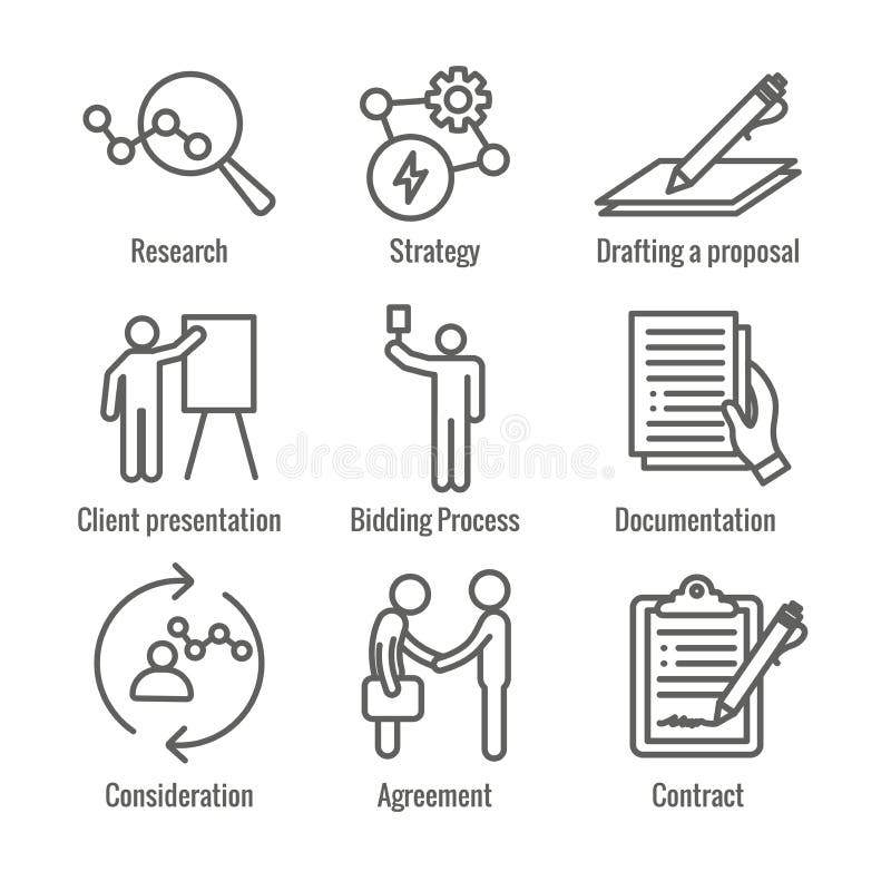 New Business Process Icon Set with Bidding Process, Proposal, Contract ...