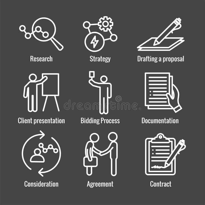 New Business Process Icon Set with Bidding Process, Proposal, Contract ...