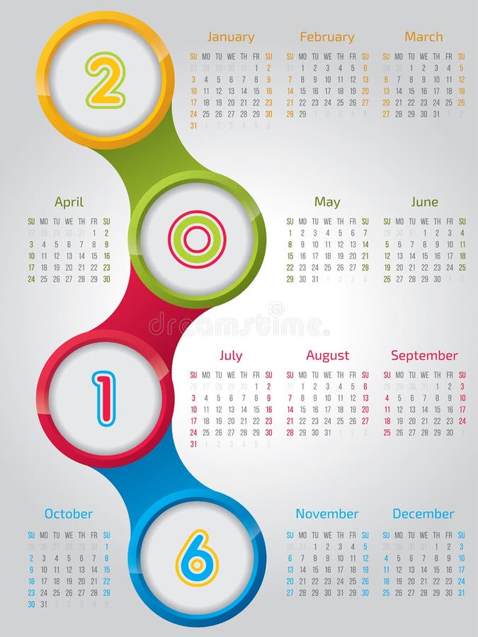 Cool Calendar with Colorful Numbers for 2016 Stock Illustration ...