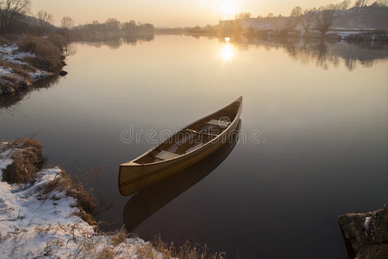 New Canoe Floating Calm Water Winter Sunset Stock Photos - Free ...