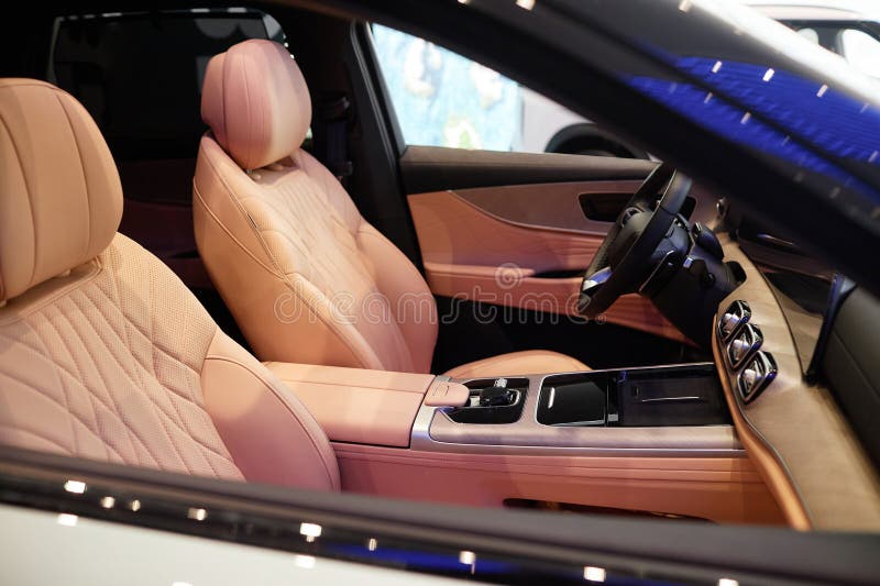New Car Cabin with Beige Leather Interior Stock Photo - Image of ...