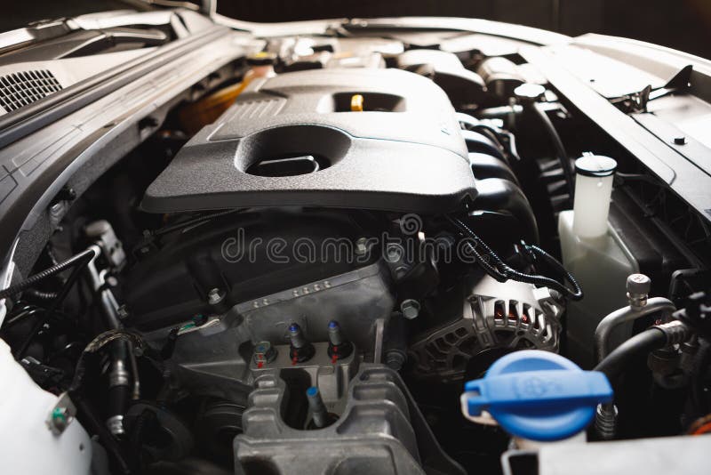 New Car Engine and Parts Under Hood Bonnet Stock Image - Image of dohc ...