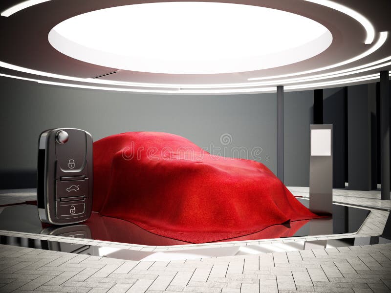 New Car Model Showcase on the Podium Under the Red Silk. 3D ...