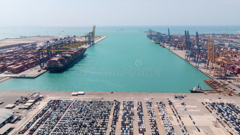 New Car Parking Lot and Loading Container Ship in the Port Stock Image ...