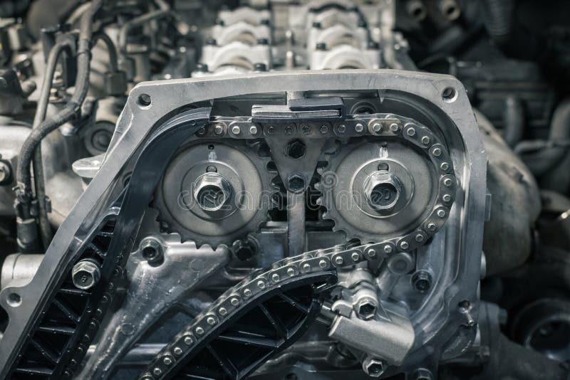 New Car Timing Chain on a Diesel Old Engine in a Car Workshop. Close Up ...