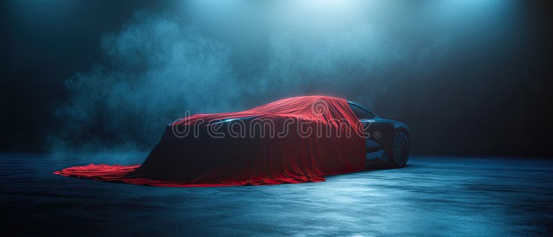 A New Car is Unveiled Under a Red Sheet in a Dark Studio Stock ...
