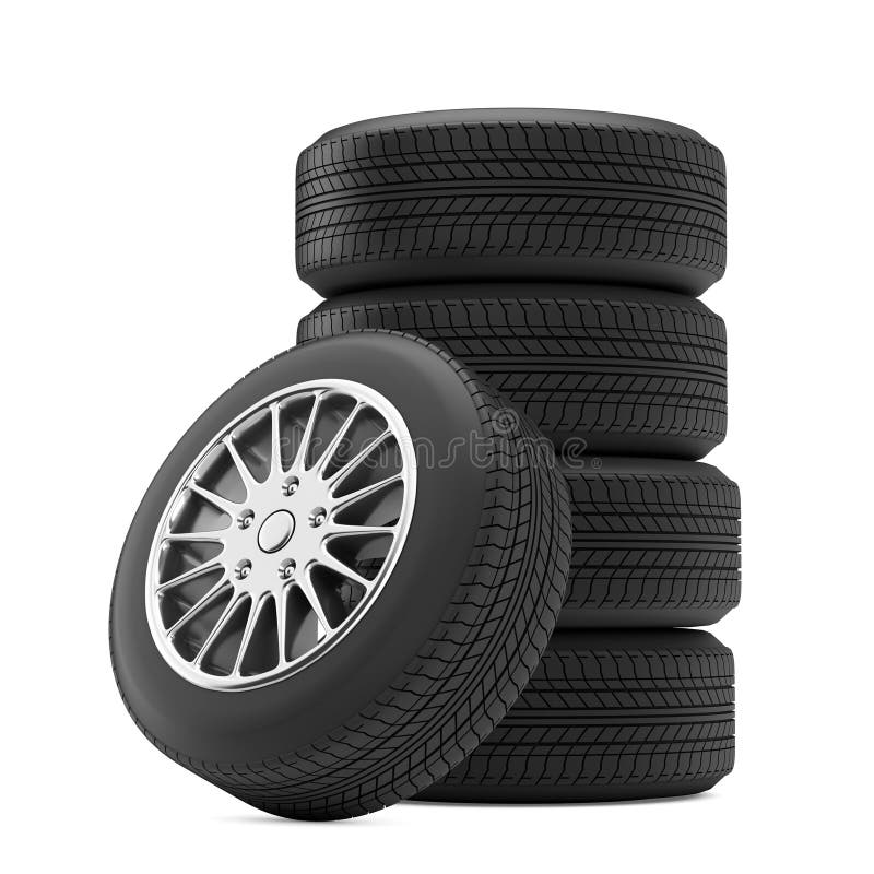 New Car Wheel Tires Pile. 3d Rendering Stock Image - Image of tire ...