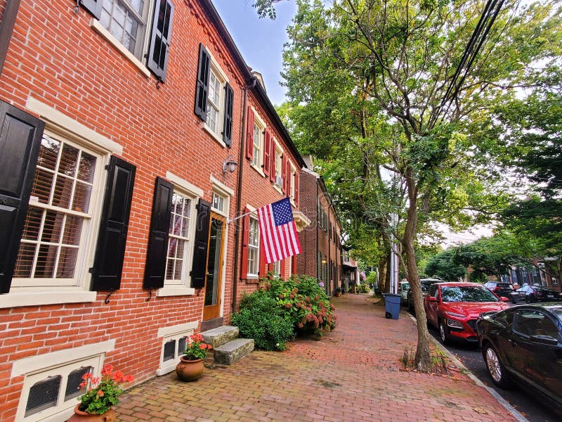 New Castle, Delaware, U.S - July 28, 2024 - the Row Homes with American ...