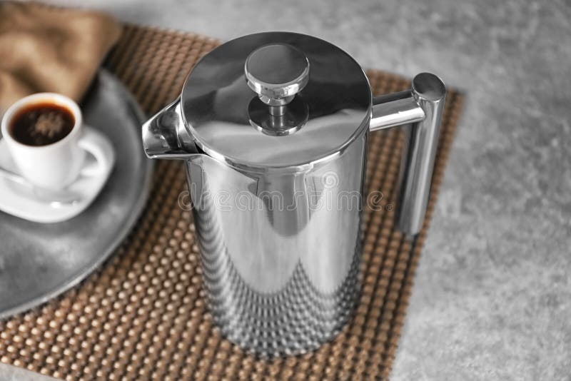 New Coffee Maker and Cup of Coffee on Tray Stock Photo - Image of cover ...