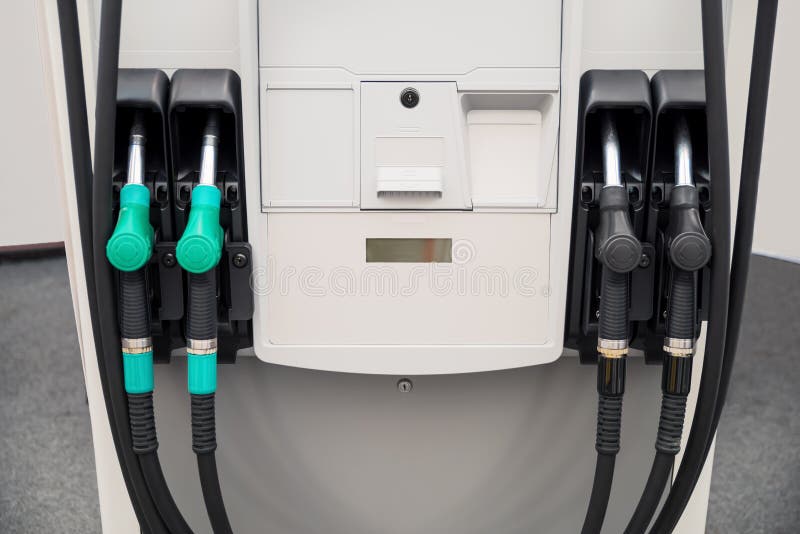 New Column of Gas Stations, Four Products, Close-up Image. Stock Photo ...