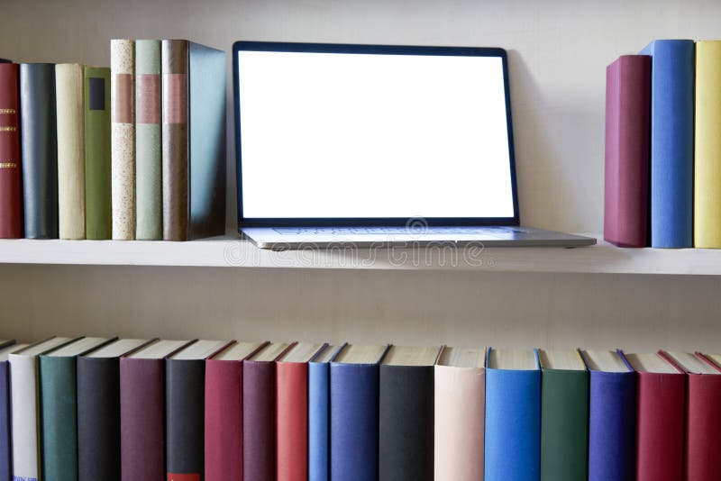 New Computer Technology in Bookshelf Stock Image - Image of books ...