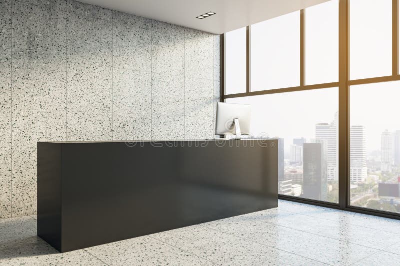 New Concrete Office Interior with Reception Desk and Panoramic Windows ...