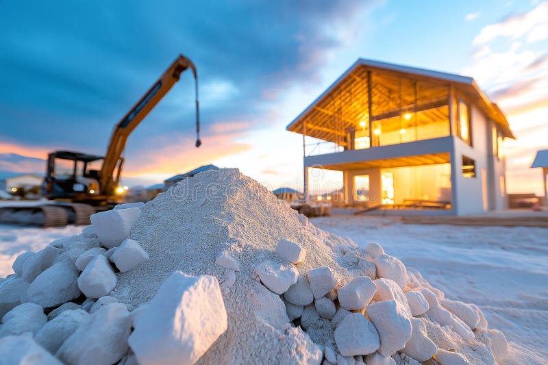 New Construction Home is Being Built with Crane and Pile of Rocks in ...