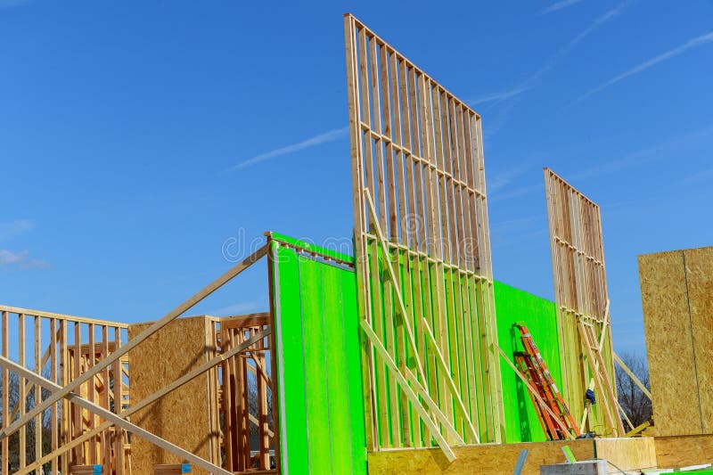 New Construction Home Framing Against Blue Sky, Close Up of Ceiling ...