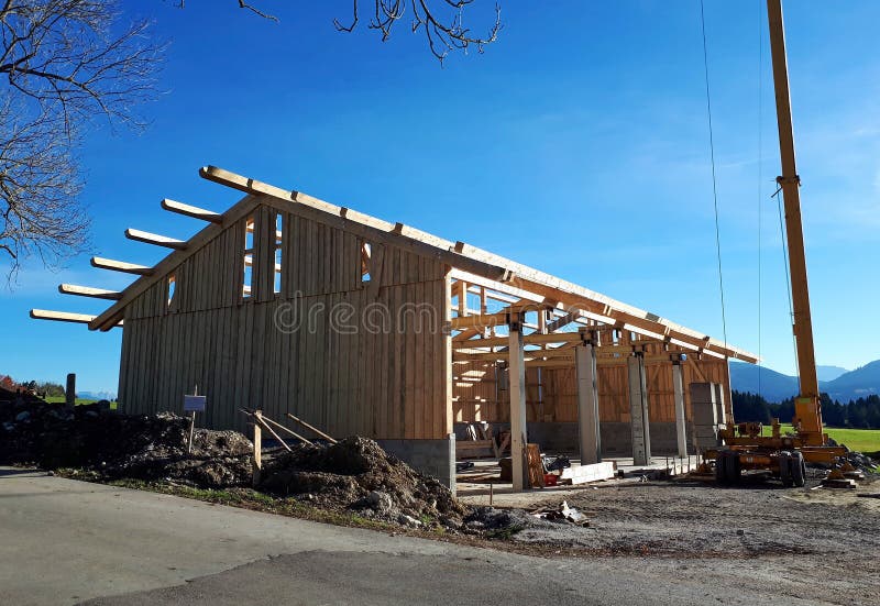 New Construction of a Large Wooden Barn in Bavaria Stock Image - Image ...