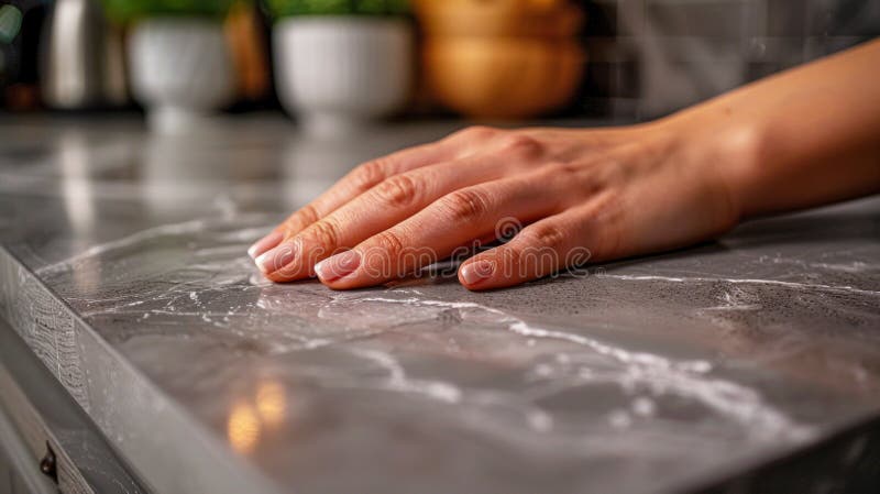 New Countertop is Installed in a Modern Kitchen. a Persons Hands are ...