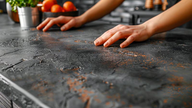 New Countertop is Installed in a Modern Kitchen. a Persons Hands are ...