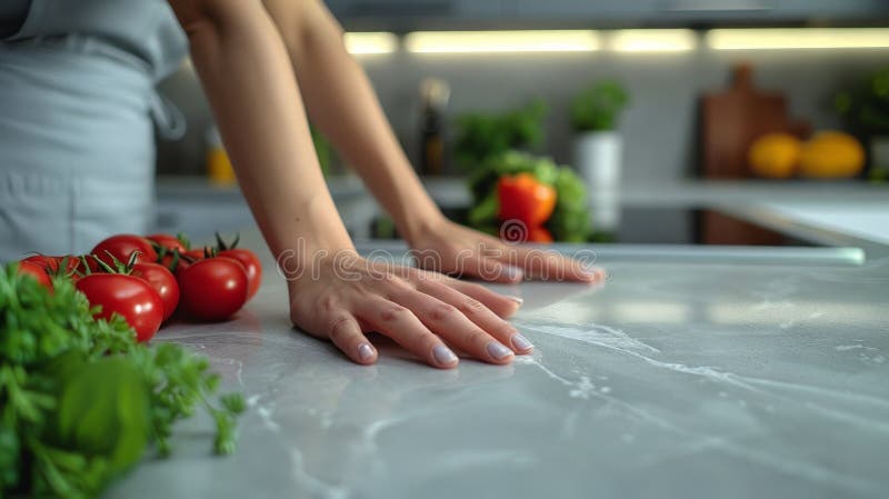 New Countertop is Installed in a Modern Kitchen. a Persons Hands are ...