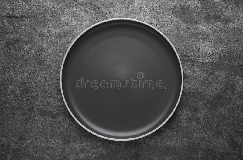 New Dark Plate on Grey Table, Top View Stock Photo - Image of empty ...