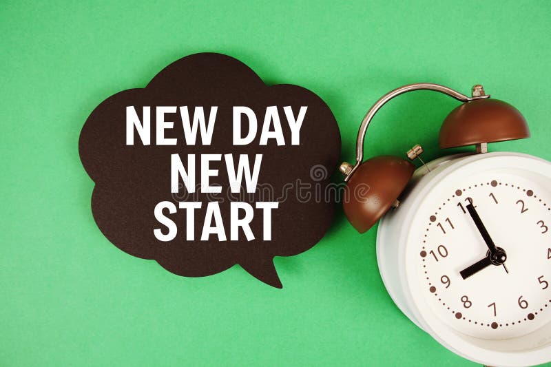New Day New Start Text on Speech Bubble with Alarm Clock on Green ...