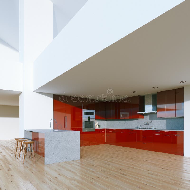 New Decorated Contemporary Red Kitchen in Luxury Big Home Stock ...