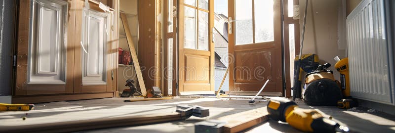 New Door Being Installed in a Bright, Sunny Room with Workers, Tools ...