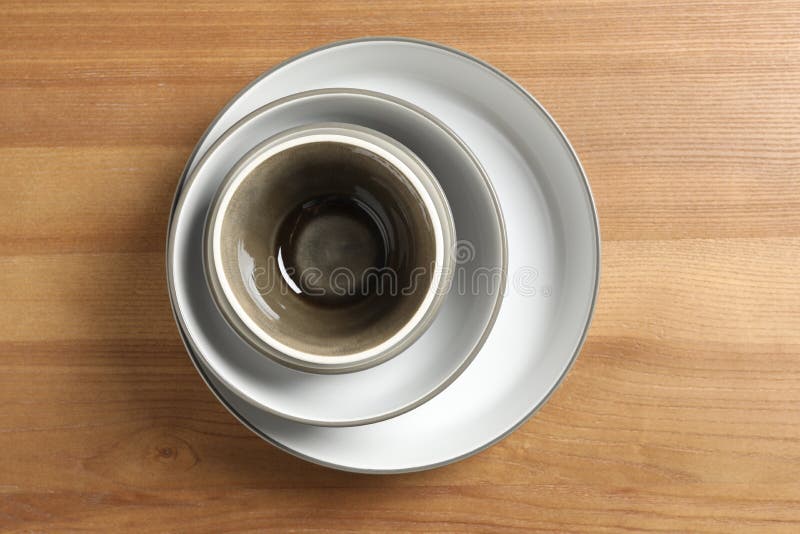 New Empty Dishes on Wooden Table, Top View Stock Photo - Image of ...