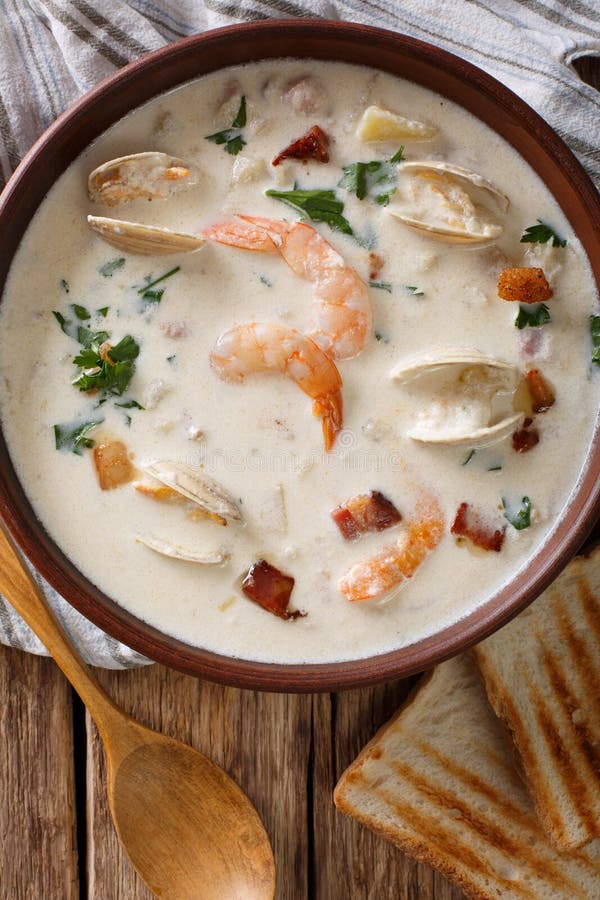 New England Chowder Soup Close-up. Vertical Top View Stock Image ...