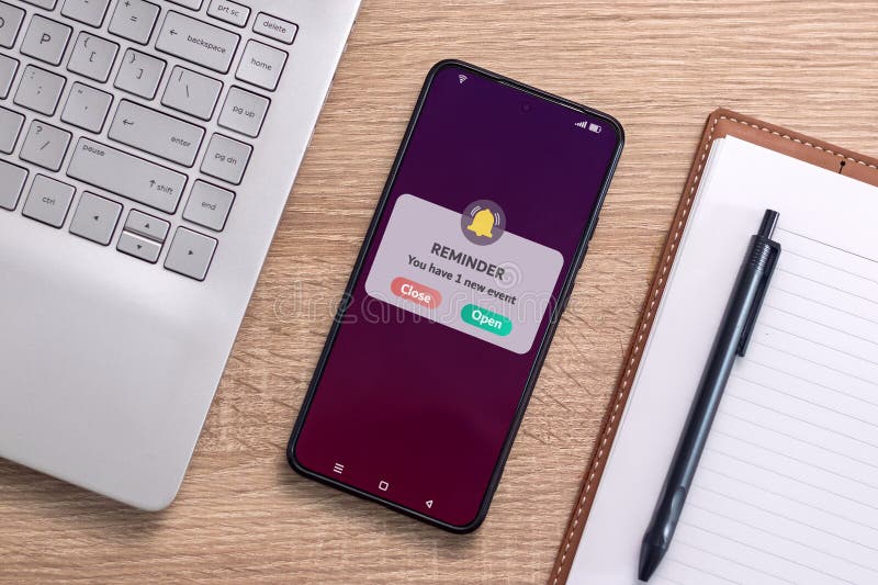 New Event Notice Message on Smartphone. a Smartphone on a Desk with ...