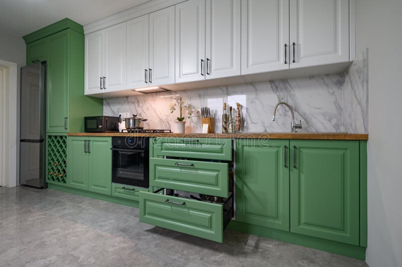 New Green Modern Well Designed Kitchen Interior Stock Image - Image of ...