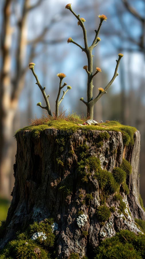 New Growth Emerges from a Tree Stump Surrounded by Lush Moss in a ...
