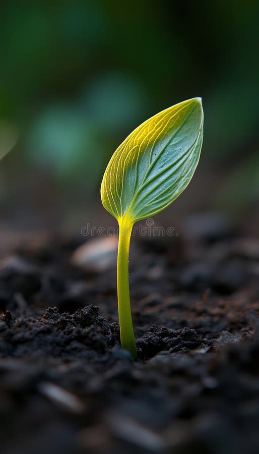 New Growth, Single Sprout Emerging from Dark Soil, Concept of ...