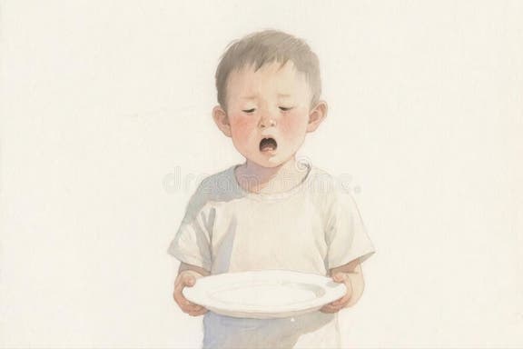 Watercolor Illustration of Hungry Child Holding Empty Plate, Hand-drawn ...