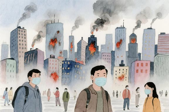 Hand-drawn Watercolor Polluted City with Smog and People Wearing Masks ...