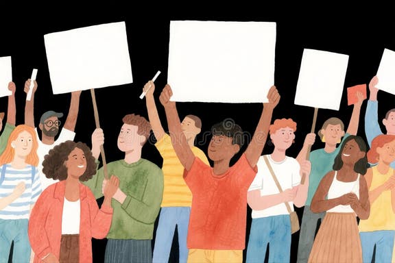 Watercolor Illustration of Diverse Group of People Protesting with ...