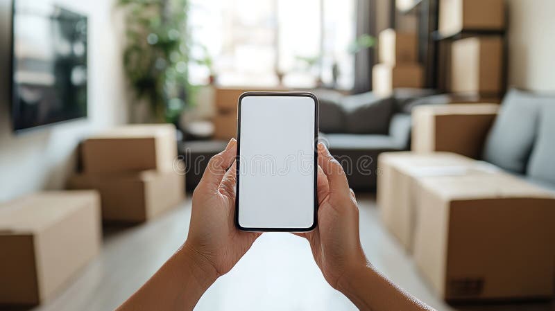 New Home, New Beginnings Close-Up of Person Using Smartphone with Blank ...